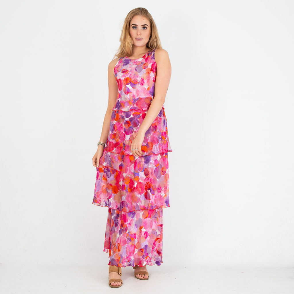 Allison Designs Circle Print Tiered Layered Sleeveless Silk Dress Pink ...