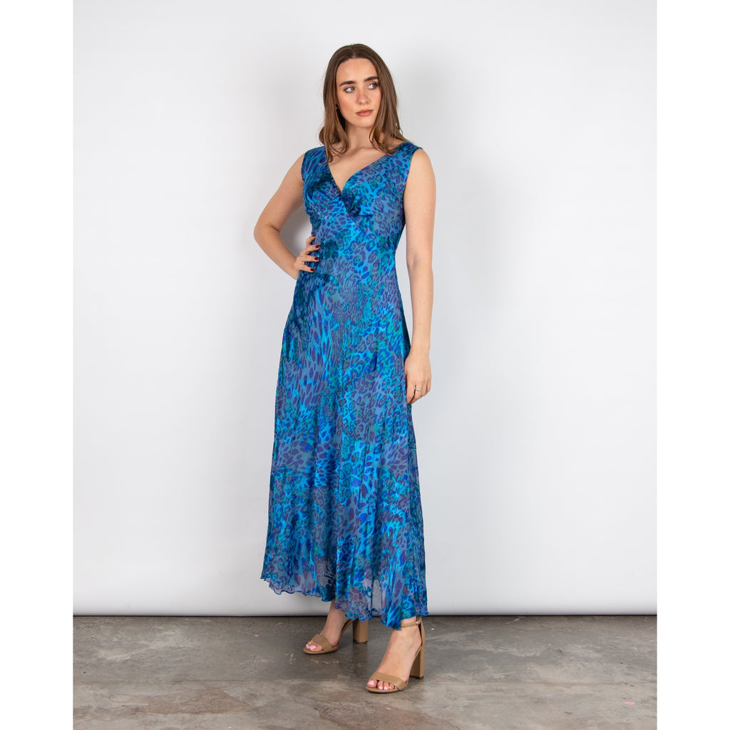 Allison Designs V Neck And Back Sleeveless Leopard Silk Dress Blue ...