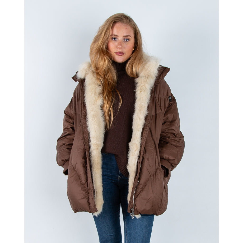 Levinsky Fur Trim Oversized Puffa Coat With Drawstring Back Latte ...