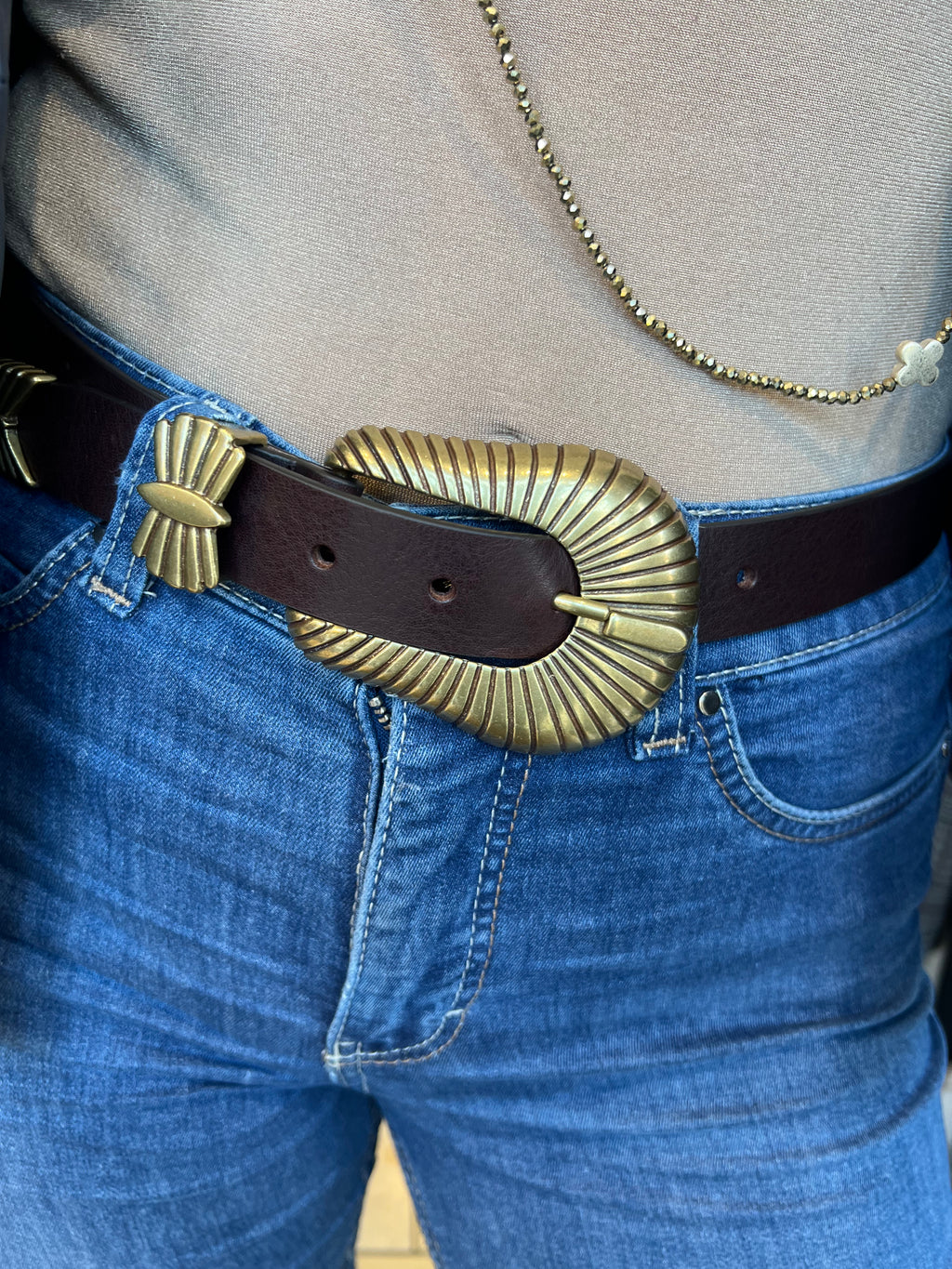 Abro Italian Leather Belt with Ribbed Buckle in Brown/Gold ...