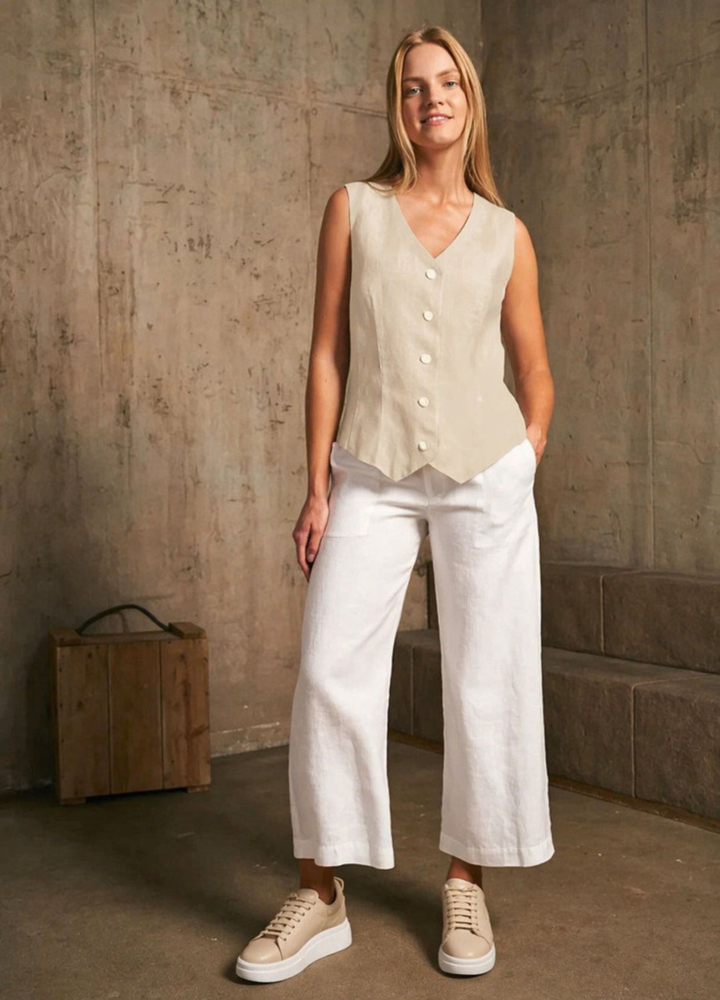 Luel Two Tone Drawstring Back Linen Waistcoat Natural/White ...