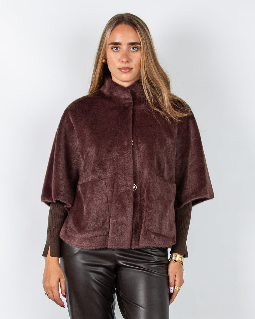 Rino & Pelle Dewi Faux Fur Cape Jacket with Patch Pocket Chocolate Bean ...