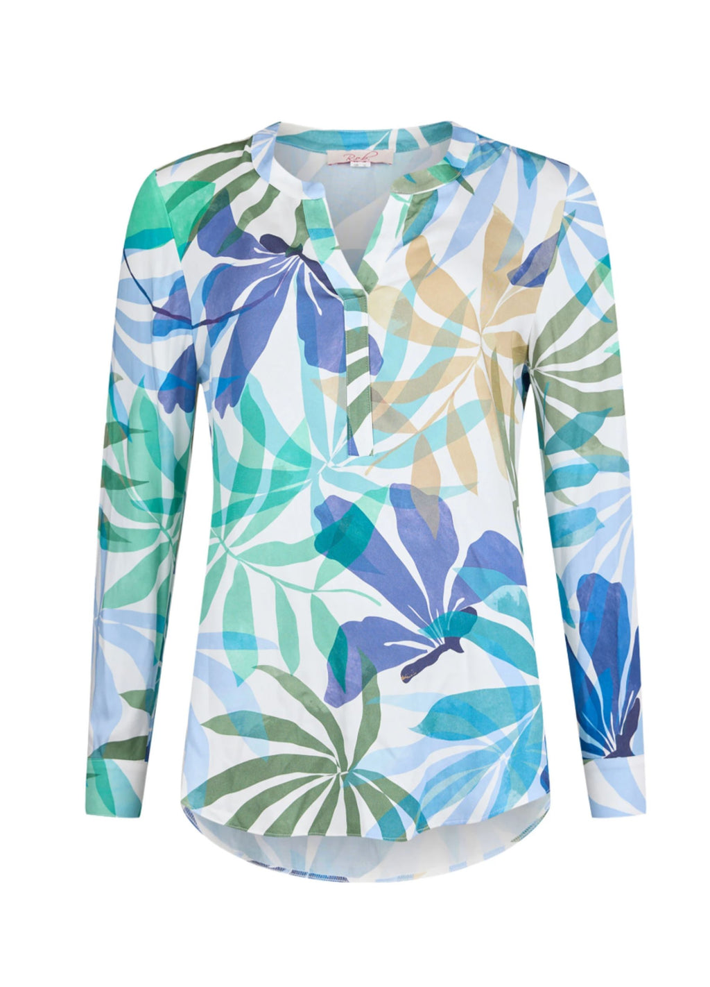 Robell Leaf Print Split Neck Collarless Blouse White/Green/Blue ...