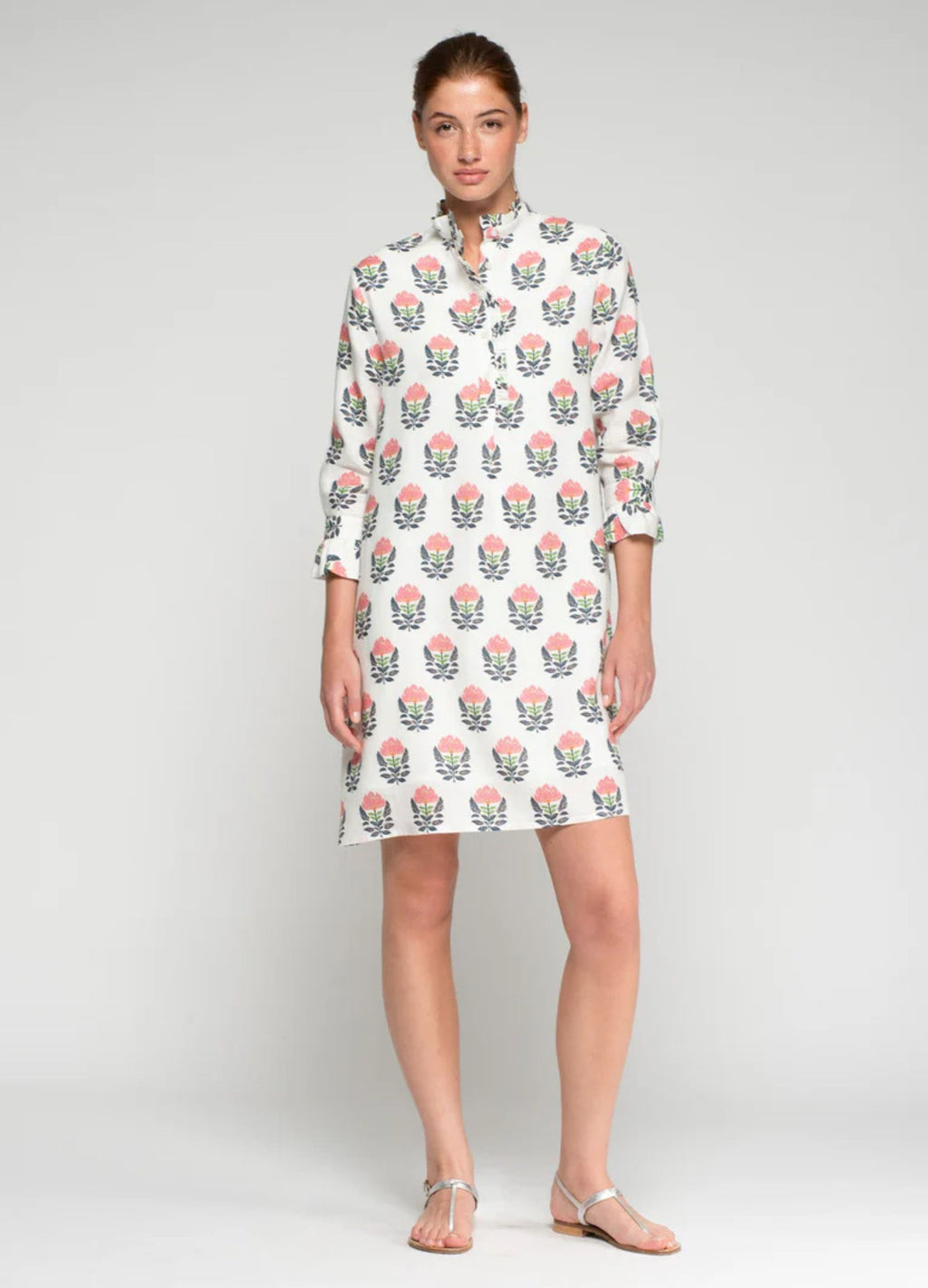 Vilagallo Vegara Thistle Print Linen Dress with Frill Collar and Cuffs ...