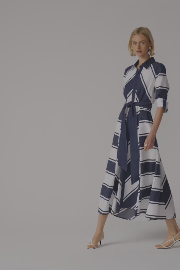 Joseph Ribkoff Chevron Stripe Belted A Line Shirt Dress Navy/White ...